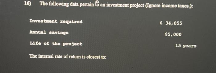 Solved 10) The following data pertain to an investment | Chegg.com