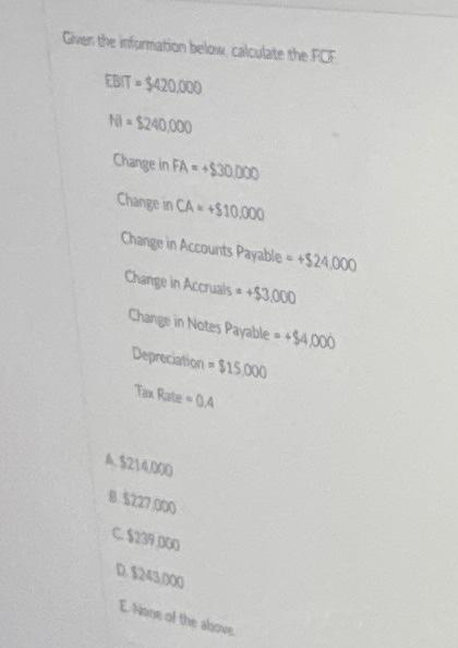 Given the information below. calculate the FCF | Chegg.com