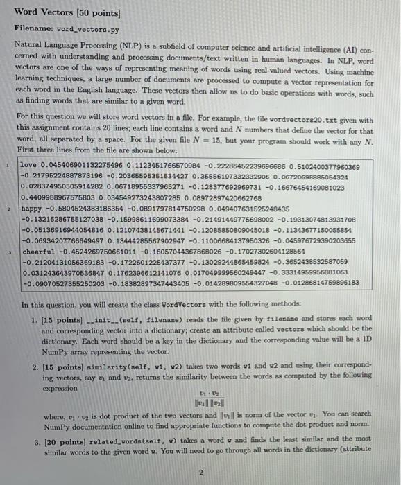 Solved Word Vectors (50 points) Filename: word_vectors.py | Chegg.com