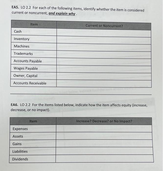 Solved EA5. LO 2.2 For each of the following items, identify | Chegg.com
