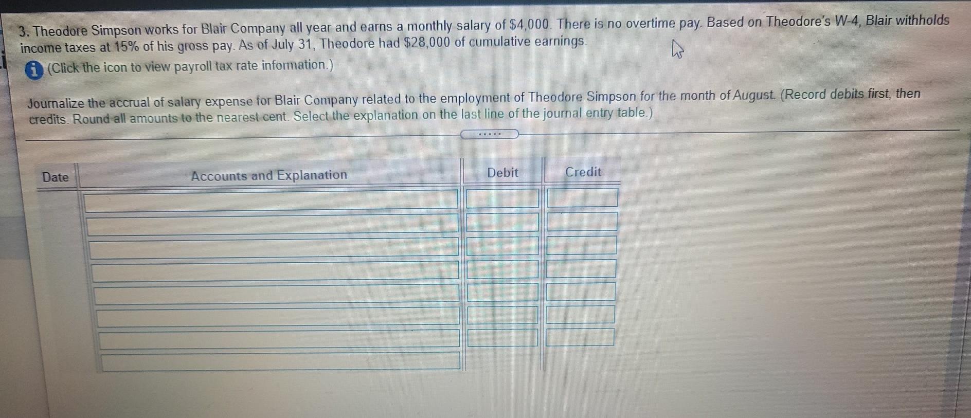 Solved 3. Theodore Simpson works for Blair Company all year | Chegg.com
