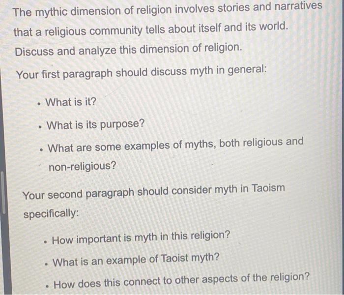 The mythic dimension of religion involves stories and | Chegg.com