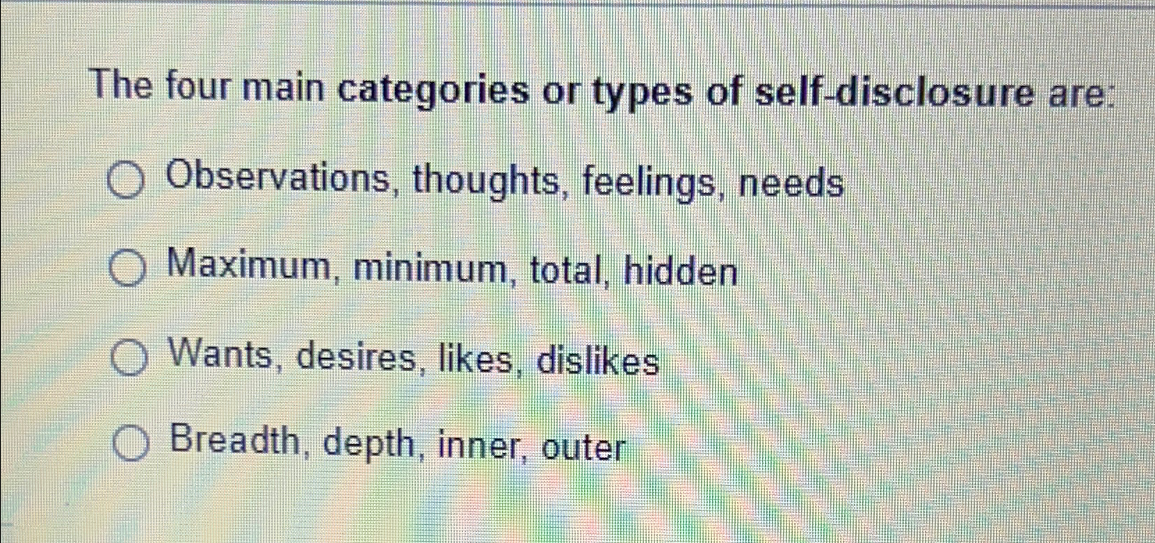 Solved The four main categories or types of self-disclosure | Chegg.com