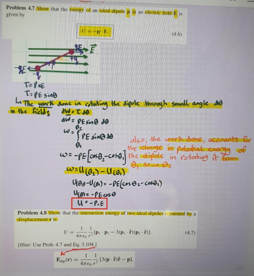 Solved Problem 4.7 Show that the energy of an ideal dipole p | Chegg.com