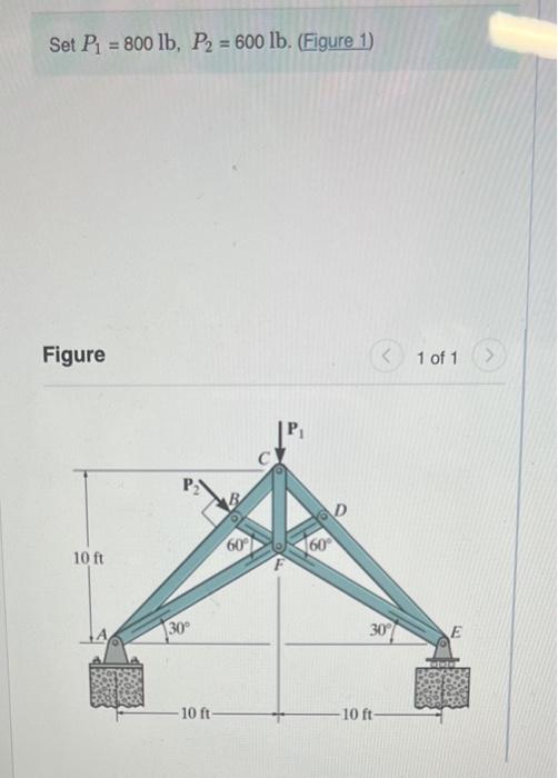 Solved Set P1=800lb,P2=600lb. (Figure 1) FigureDetermine the | Chegg.com