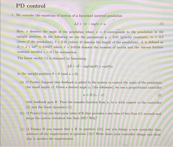 Solved PD control 1. We consider the equations of motion of | Chegg.com