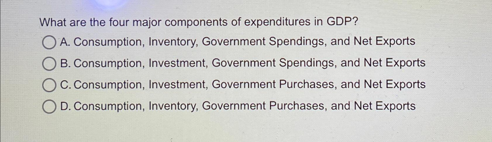 Solved What are the four major components of expenditures in | Chegg.com