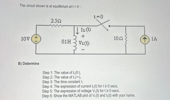 Solved The circuit shown is at equilibrium at t = 0- : 10V + | Chegg.com