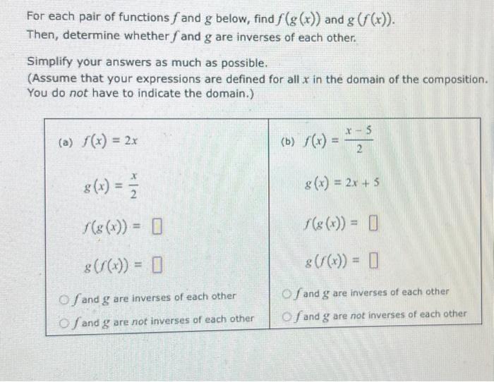 Solved For each pair of functions f and g below, find | Chegg.com