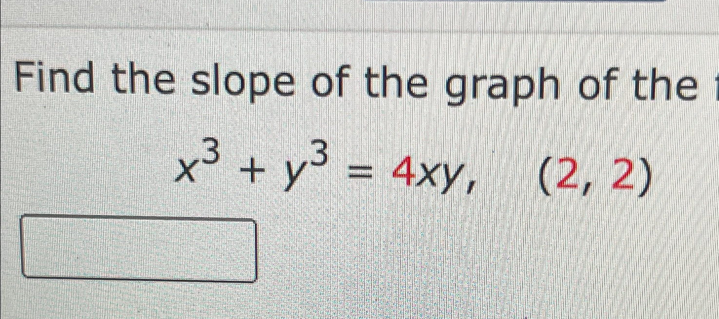Solved Find the slope of the graph of thex3+y3=4xy,(2,2) | Chegg.com