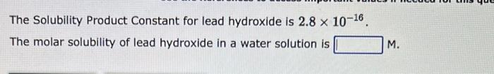 Solved The Solubility Product Constant for lead hydroxide is | Chegg.com