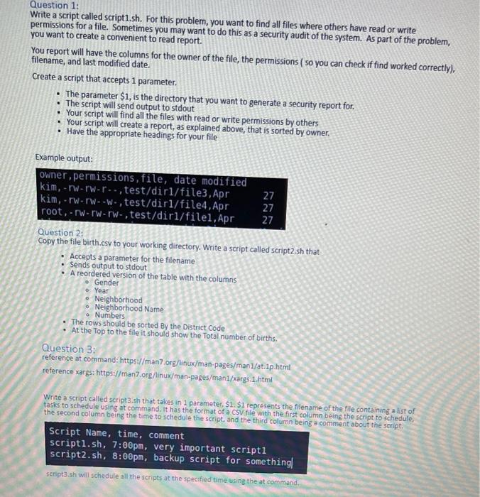 Solved Question 1: Write a script called script1.sh. For | Chegg.com