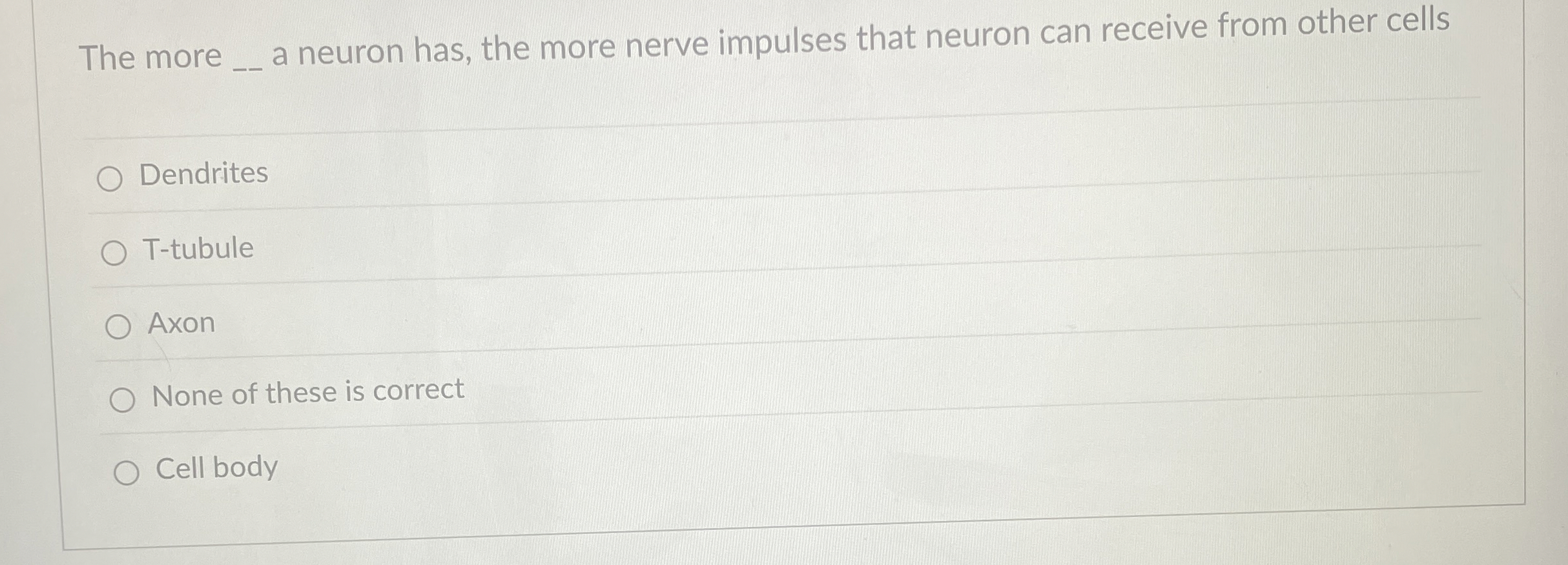 Solved The more __ ﻿a neuron has, the more nerve impulses | Chegg.com