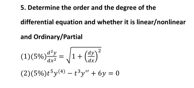 Solved 5. Determine the order and the degree of the | Chegg.com