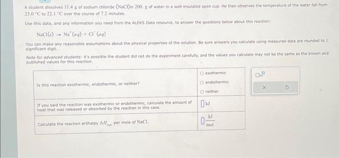 Solved A student dissolves 11.4 g of sodium chloride | Chegg.com