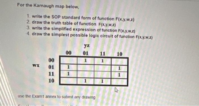 Solved For the Karnaugh map below, 1. write the SOP standard | Chegg.com