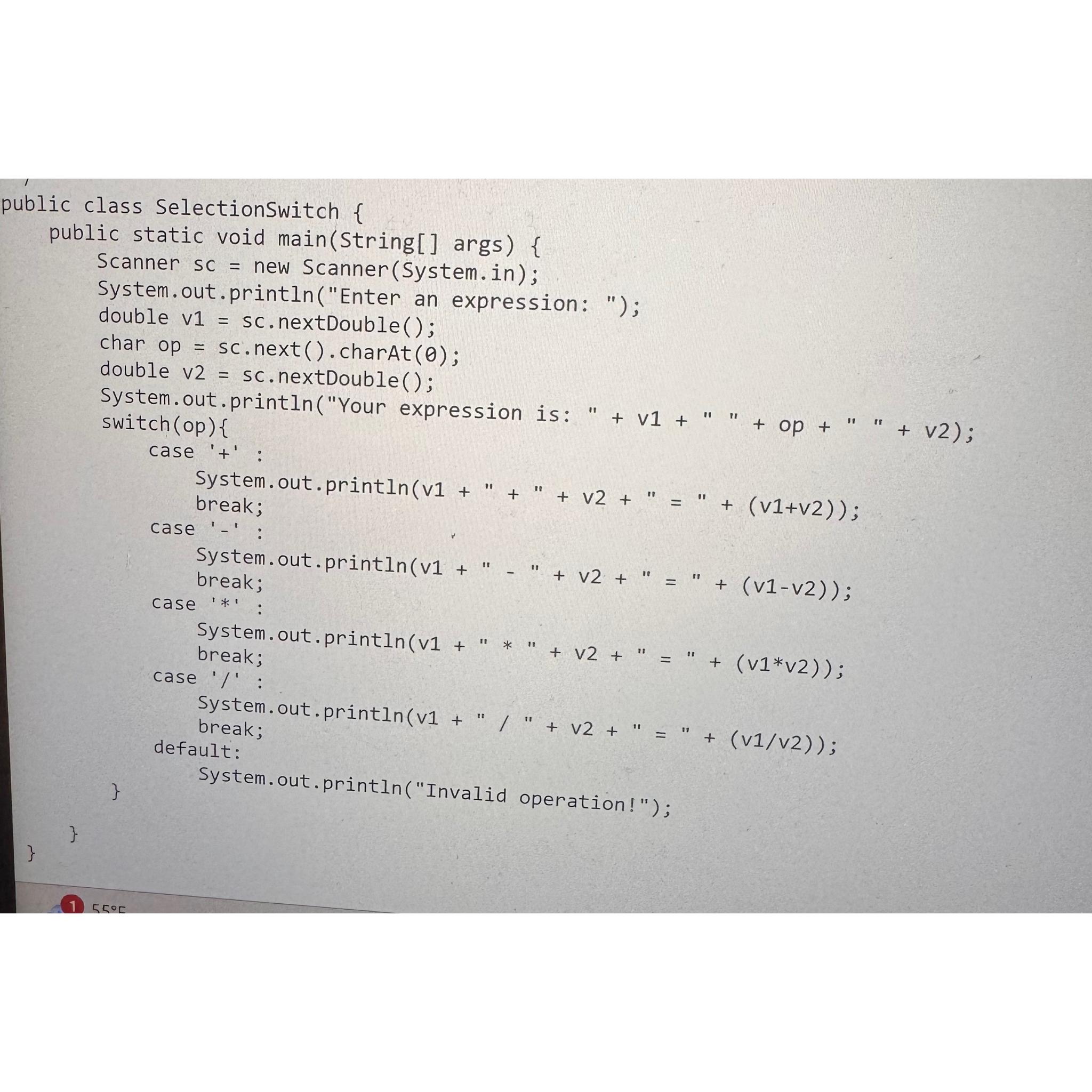 Solved public class SelectionSwitch {public static void | Chegg.com