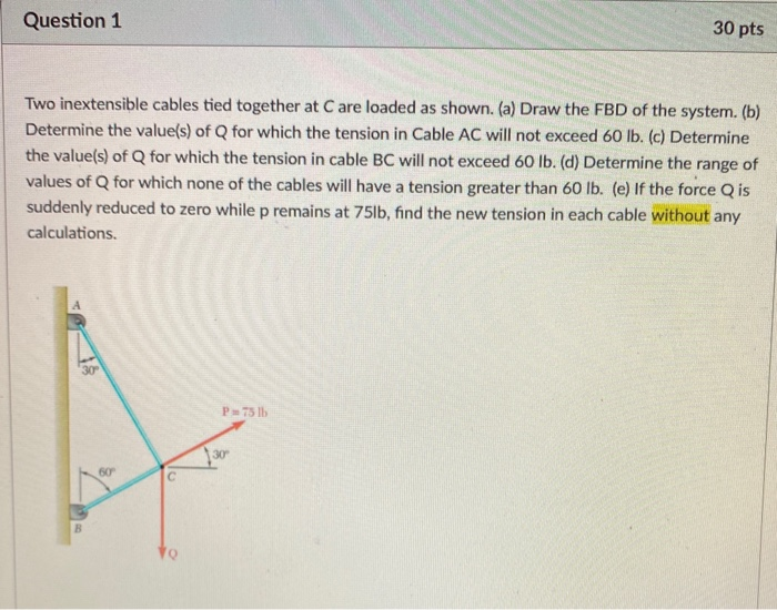 Solved Question 1 30 pts Two inextensible cables tied | Chegg.com