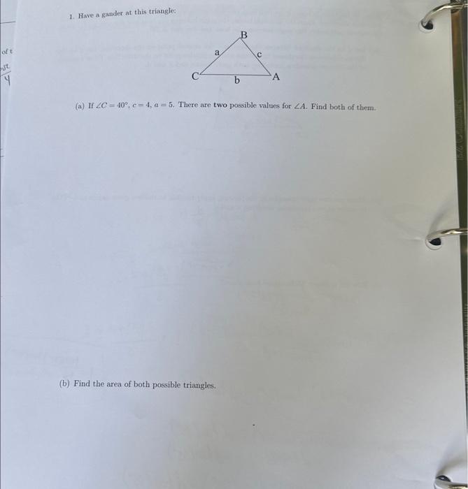 Solved 1. Have a gander at this triangle: (a) If | Chegg.com