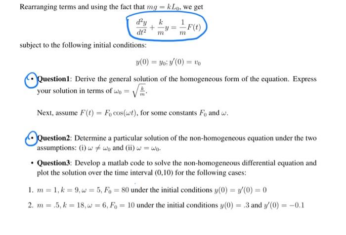 Solved Rearranging terms and using the fact that mg d'y dt² | Chegg.com