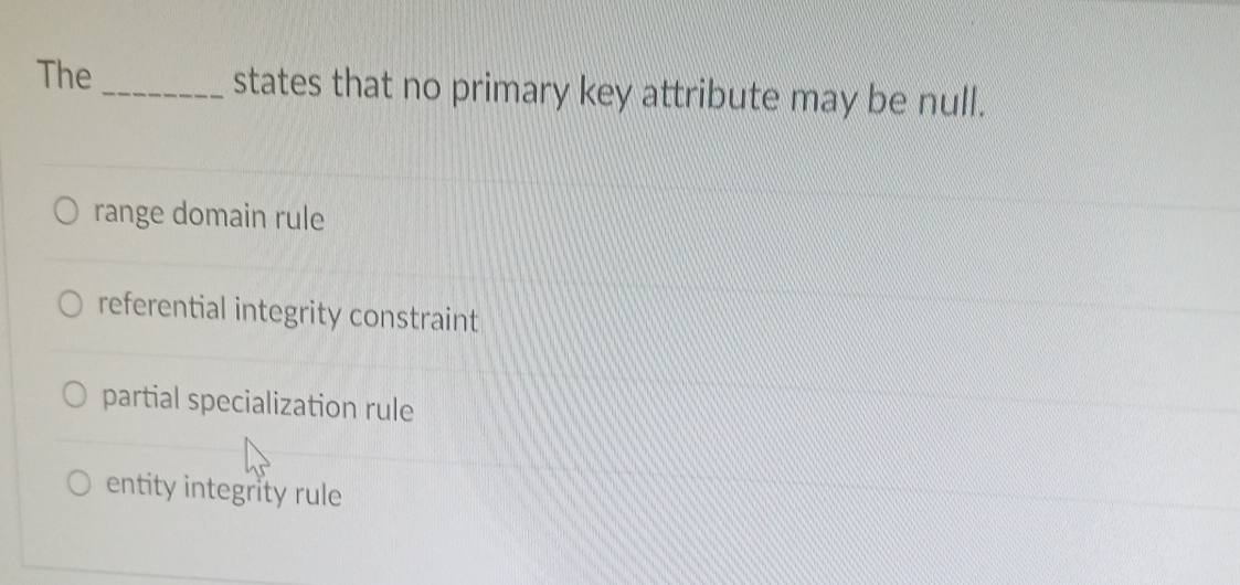Solved The ﻿states that no primary key attribute may be | Chegg.com