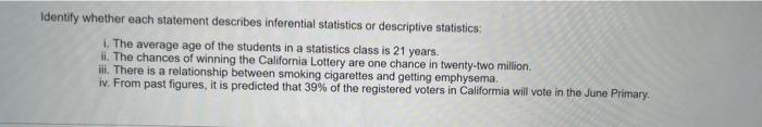Solved Identify whether each statement describes inferential | Chegg.com