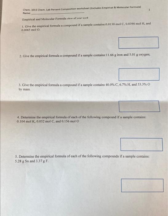 Solved Chem. 1011 Chem. Lab Percent Composition worksheet | Chegg.com