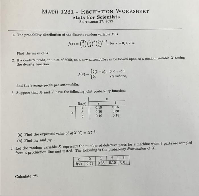 Solved MATH 1231 - RECITATION WORKSHEET Stats For Scientists | Chegg.com