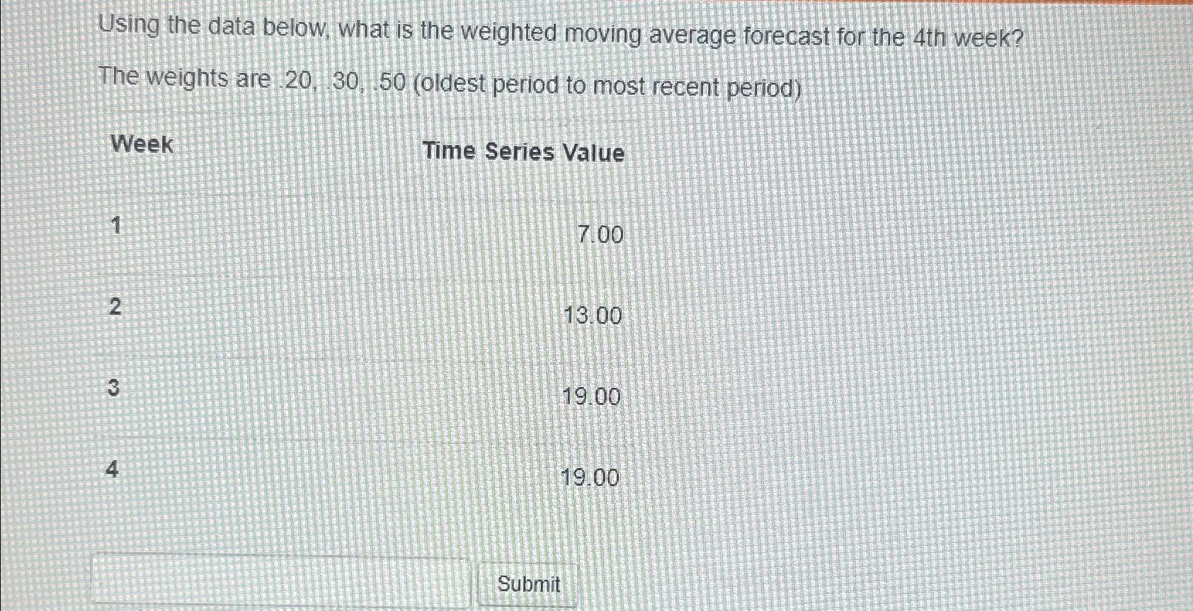 Solved Using the data below, what is the weighted moving | Chegg.com