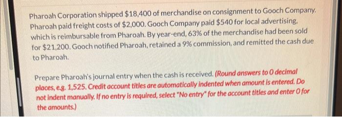 Solved Pharoah Corporation shipped $18,400 of merchandise on | Chegg.com