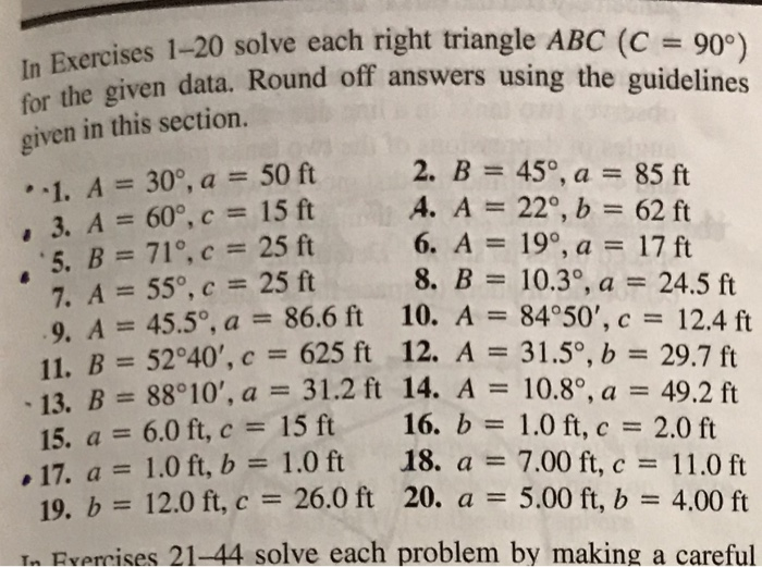 Solved Exercises 1-20 solve each right triangle ABC (C = | Chegg.com