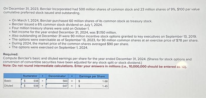 Solved On December 31,2023, Berclair Incorporated had 500 | Chegg.com