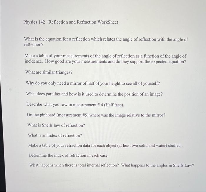 Solved Physics 142 Reflection and Refraction WorkSheet What | Chegg.com