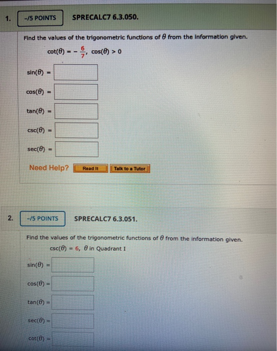 Solved 1. -/5 POINTS SPRECALC7 6.3.050. Find the values of | Chegg.com