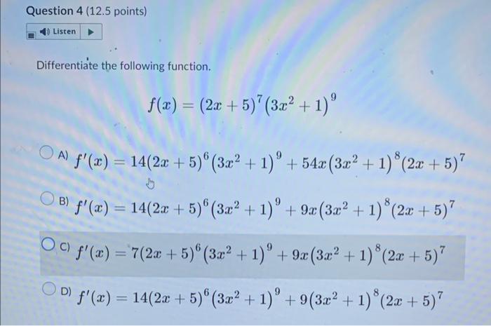 Solved Differentiate the following function. | Chegg.com