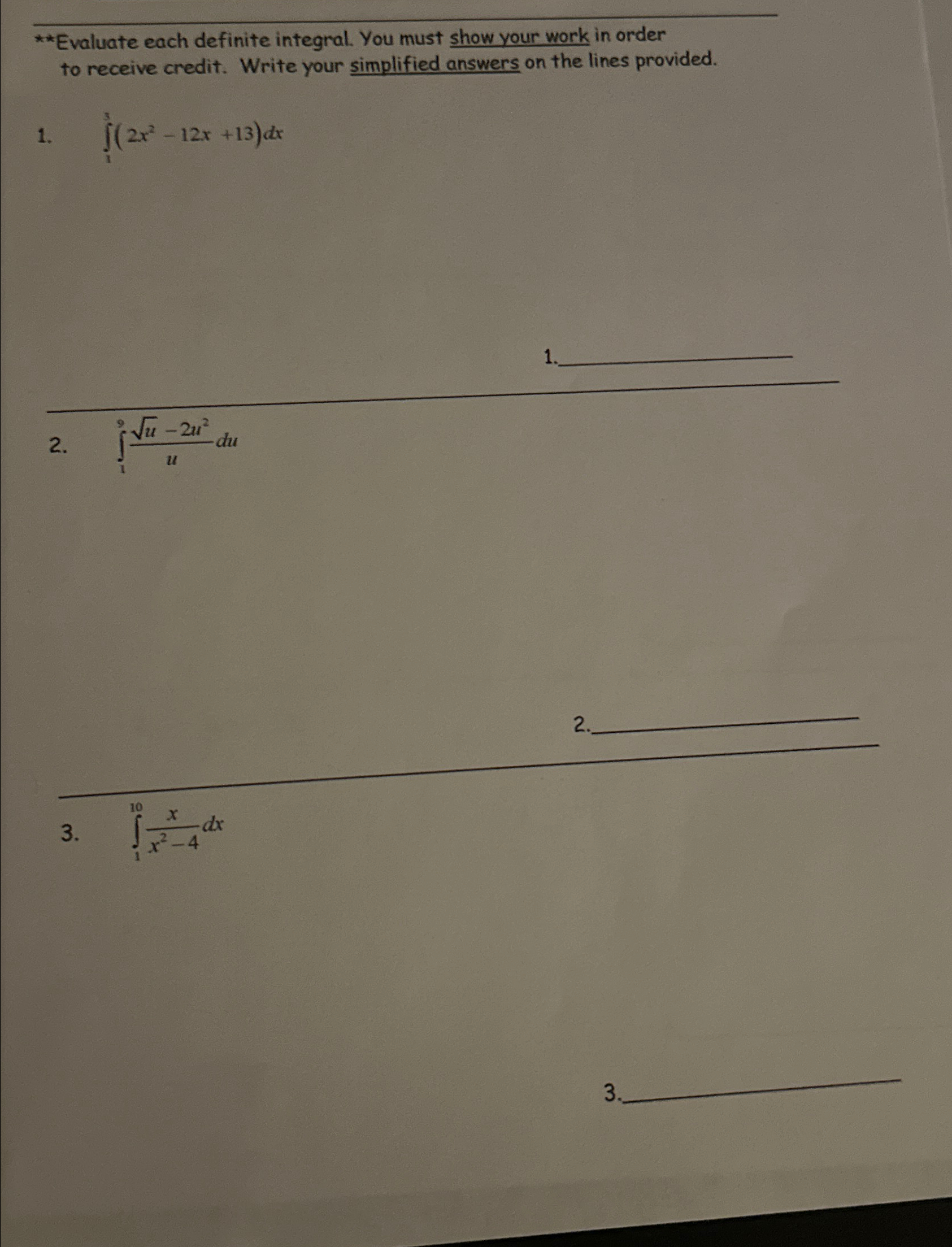 Solved **Evaluate each definite integral. You must show your | Chegg.com