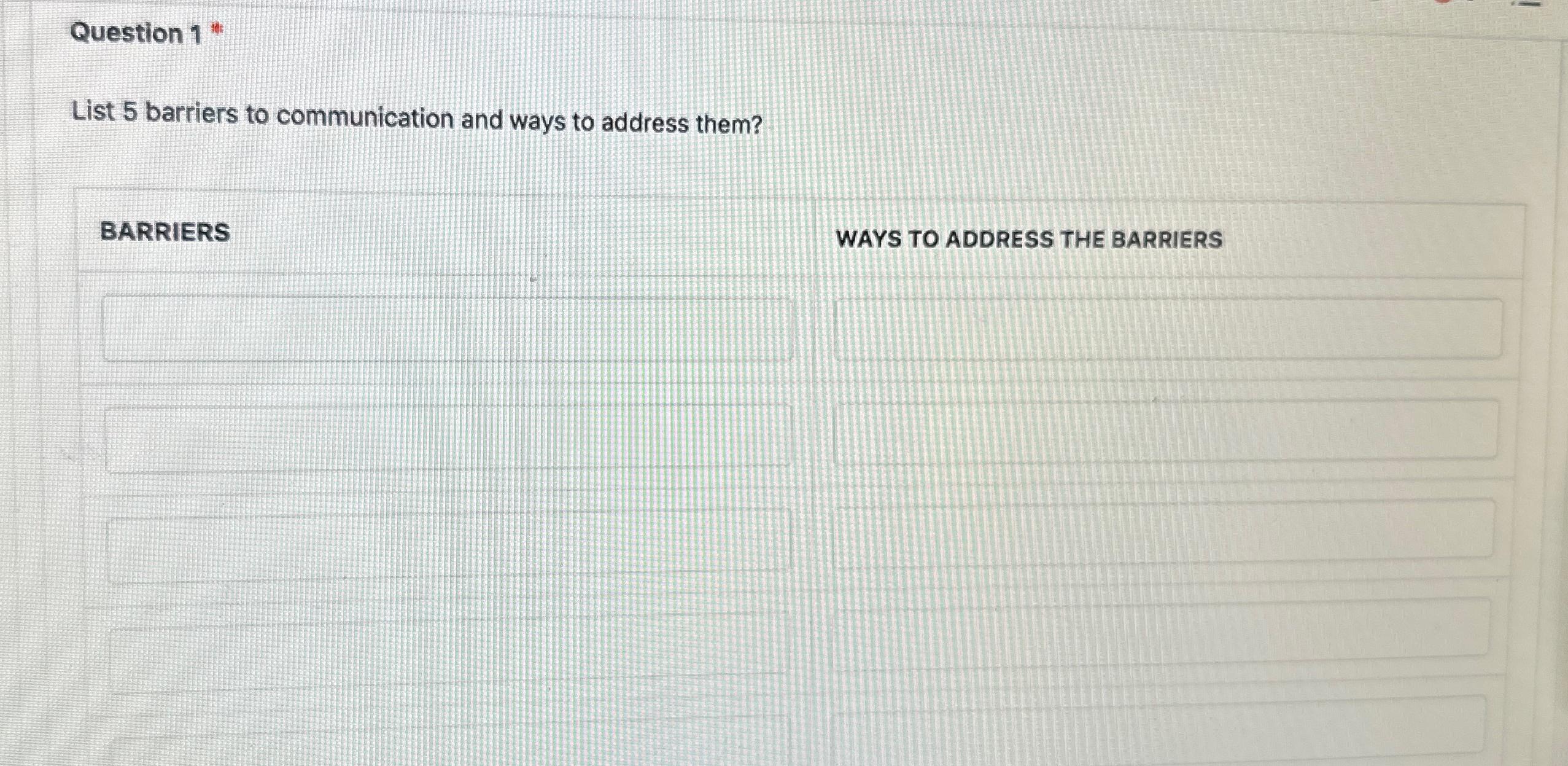 Solved Question 1 *List 5 ﻿barriers to communication and | Chegg.com