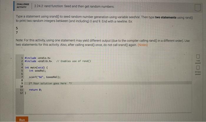 Solved CHALLENDE ACTIVITY 224 2 Rand Function Seed And Chegg
