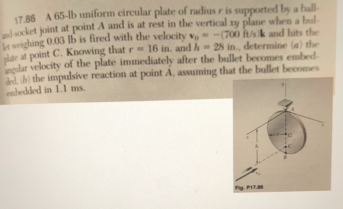 Solved 17.86 ﻿A 65-lb uniform circular plate of radius r ﻿is | Chegg.com