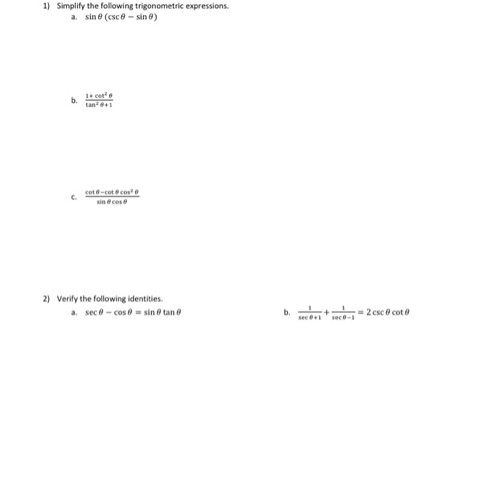 Solved 1) Simplify the following trigonometric expressions. | Chegg.com