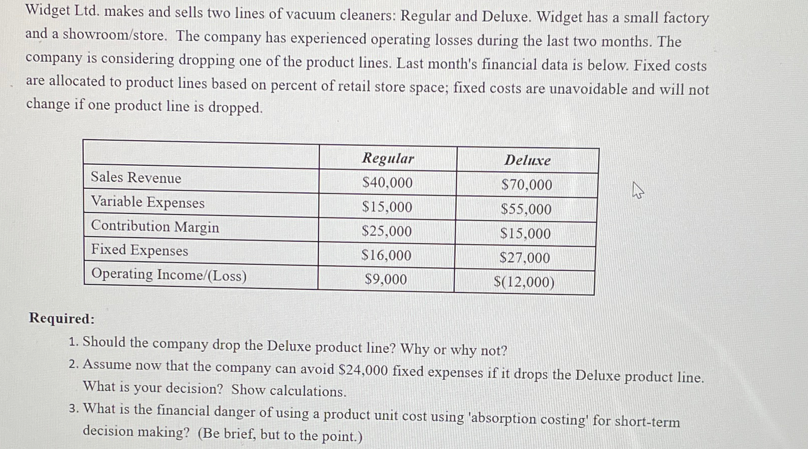 Solved Widget Ltd. ﻿makes and sells two lines of vacuum | Chegg.com