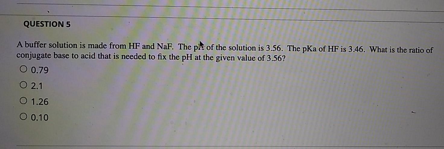 Solved QUESTION 5 A buffer solution is made from HF and NaF. | Chegg.com