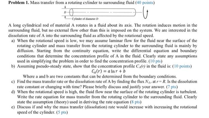 Problem 1. Mass transfer from a rotating cylinder to | Chegg.com