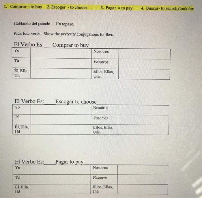 1. Comprar - to buy 2. Escoger - to choose 3. Pagar = | Chegg.com