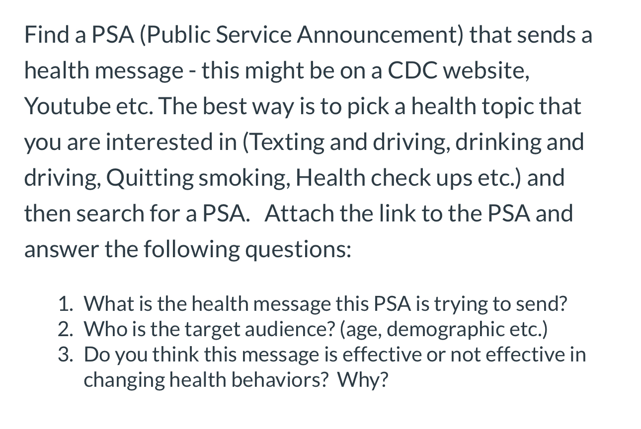 Find a PSA (Public Service Announcement) ﻿that sends | Chegg.com