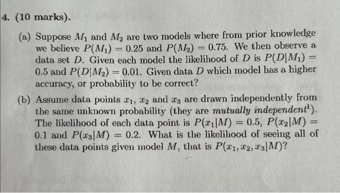 Solved (a) Suppose M1 and M2 are two models where from prior | Chegg.com
