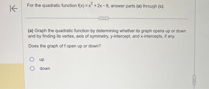Solved For the quadratic function f(x)=x2+2x−8, answer parts | Chegg.com