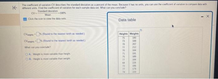 Solved The coetficient of variation CV describes the | Chegg.com