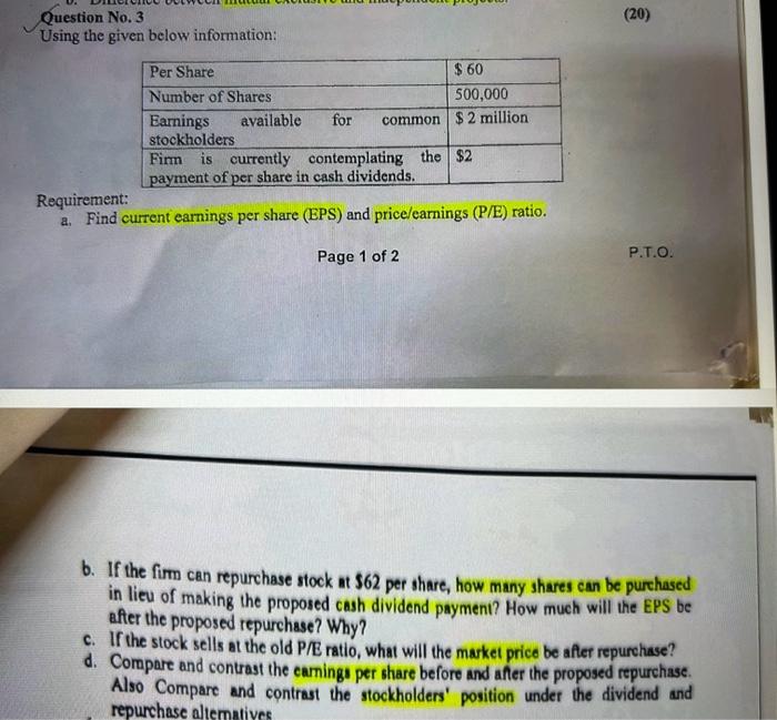 Solved Question No. 3 Using the given below information: Per | Chegg.com