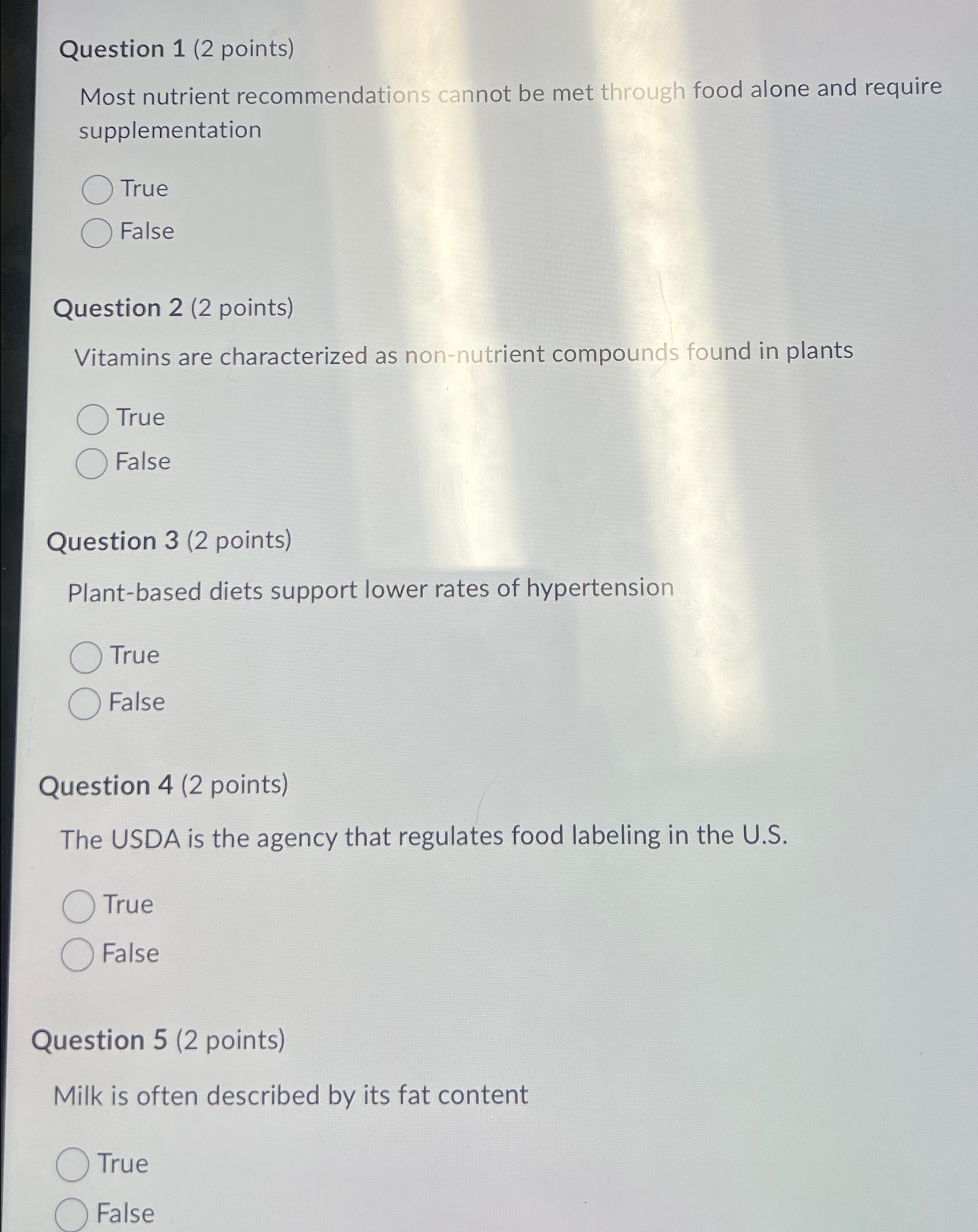 Solved Question 1 (2 ﻿points)Most nutrient recommendations | Chegg.com